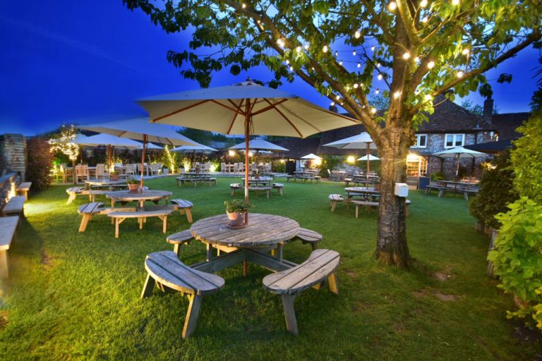 Traditional English Pub Beer Garden with Heated Seating Area & Lighting