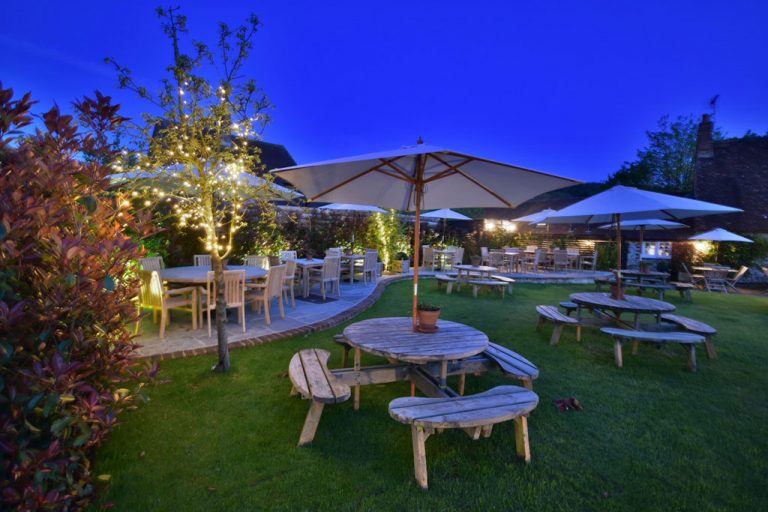 Traditional English Pub Beer Garden with Heated Seating Area & Lighting